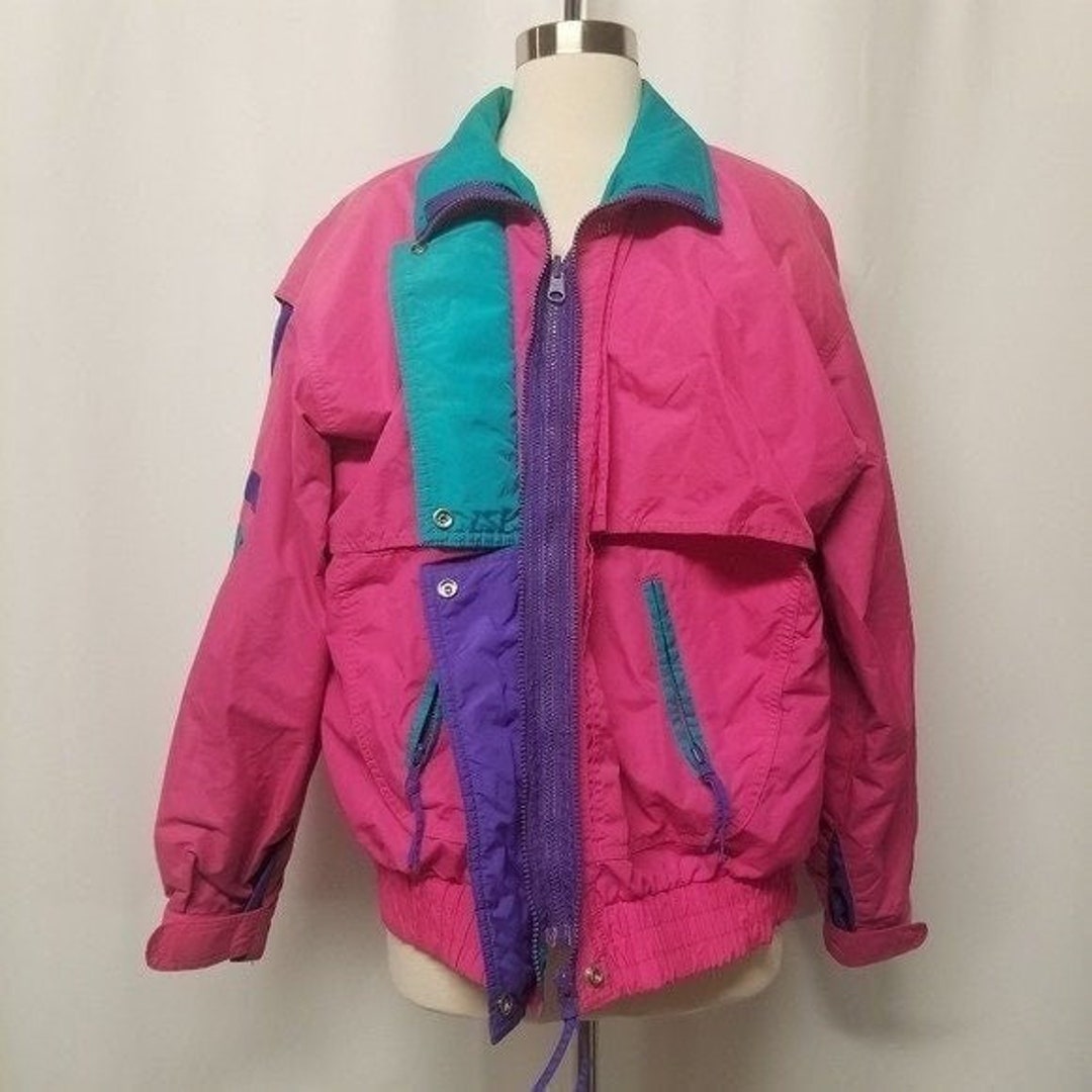Vintage 80s Retro Hot Pink Turquoise Purple Winter Ski Puffer Jacket ...