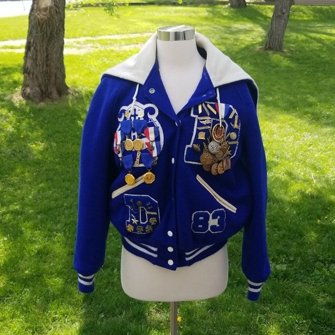 Vintage 80s Letterman Varsity Jacket 50 Metals Wool Blue White Striped ...
