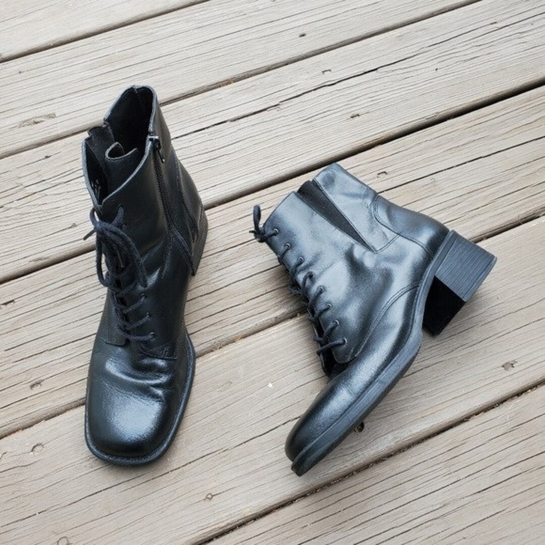 Vintage 90s Y2k Bratz Black Leather Square Toe Lace-up Granny Lolita ...