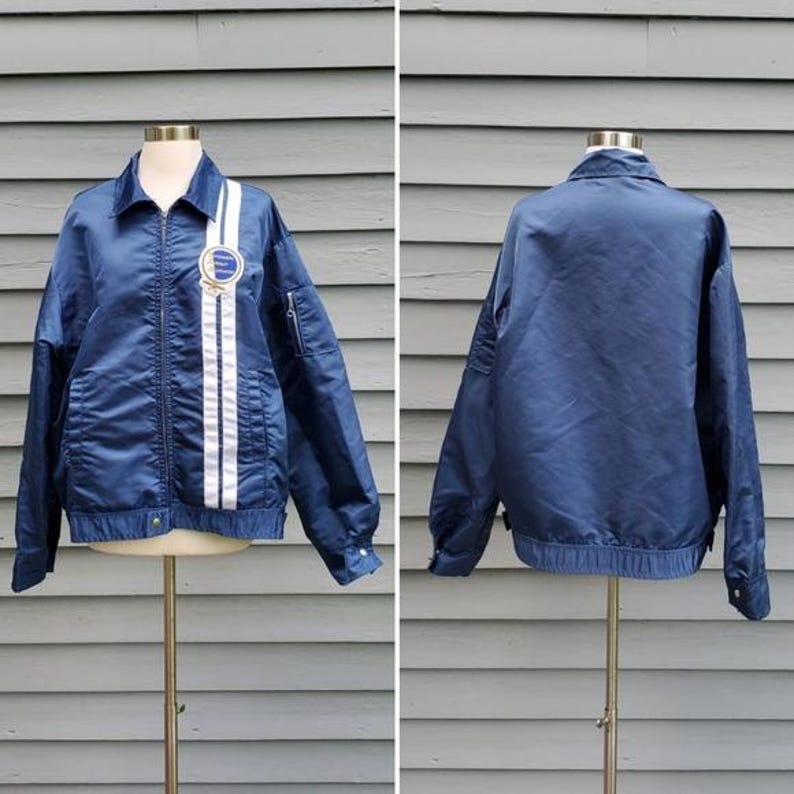 Vintage 80s Aviator Flyboy Flight Aviation Polysatin Blue White Bomber ...