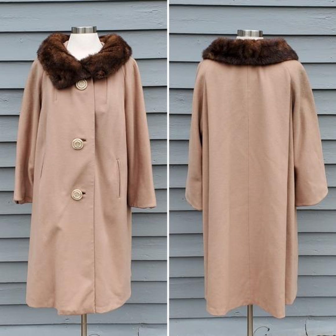Vintage 50s 60s Jackie O Kennedy Tan Wool Brown Mink Collar Swing Mob ...