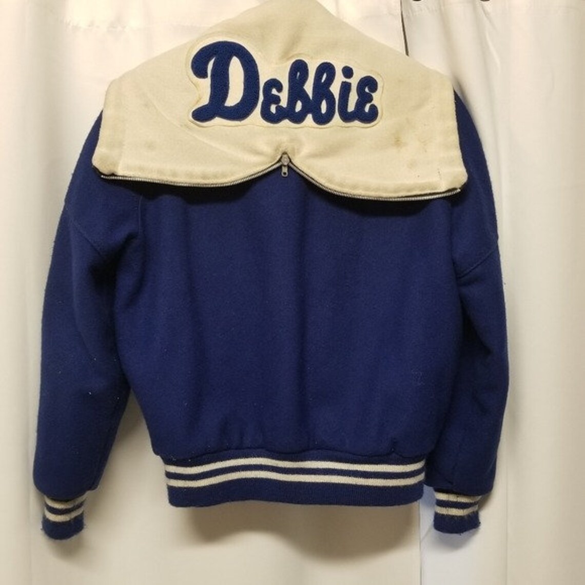 Vintage 80s Letterman Varsity Jacket 50 Metals Wool Blue White Striped ...
