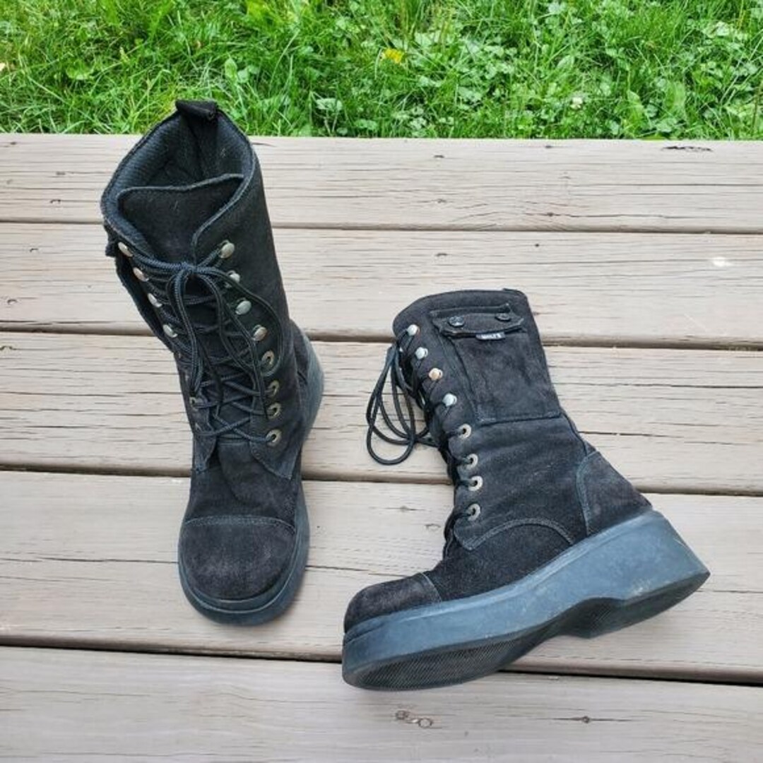 Vintage 90s Y2k Bratz Black Suede Leather Chunky Platform Lace-up Mid ...