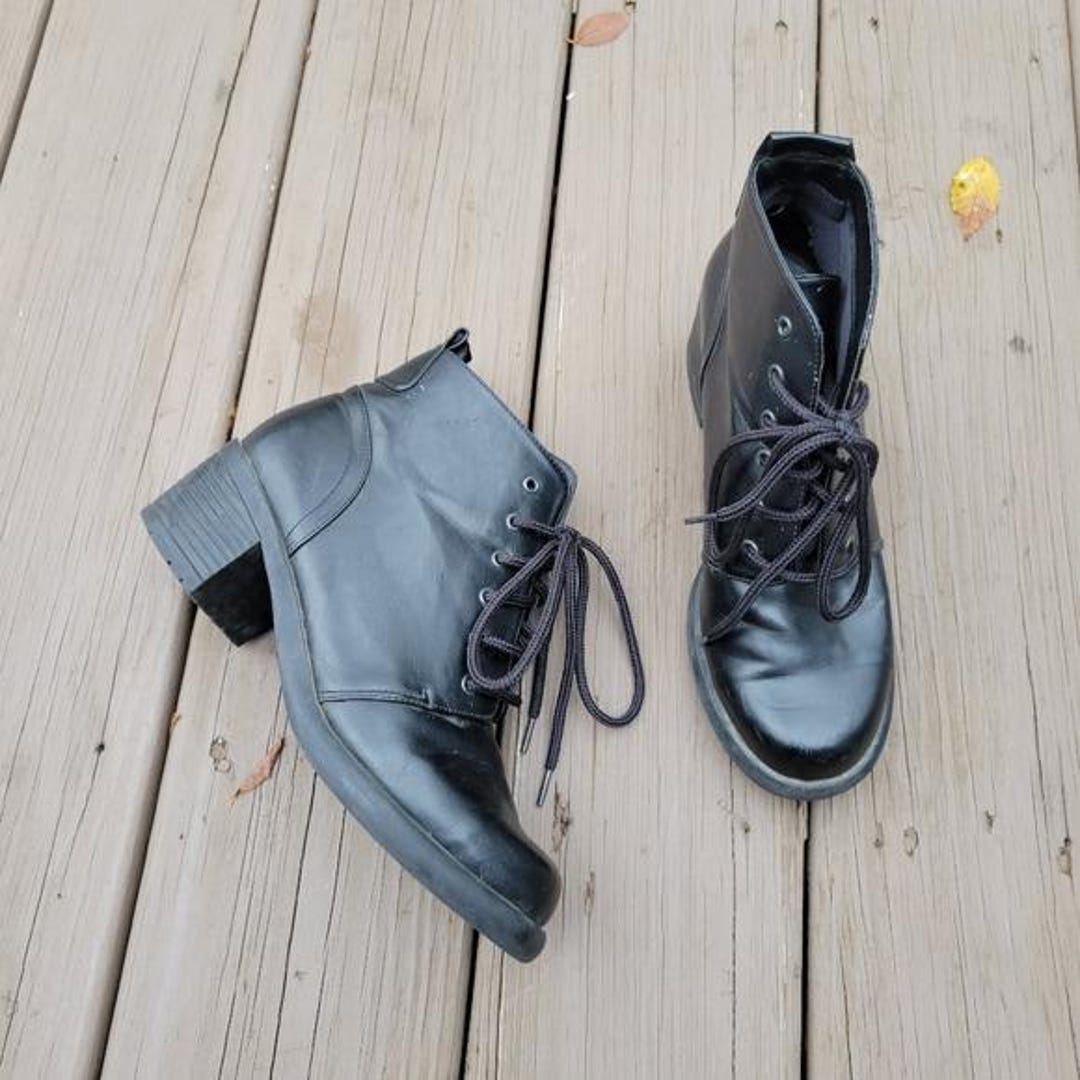 Vintage 90s Y2k Bratz Black Faux Leather Chunky Heel Lace-up Granny ...
