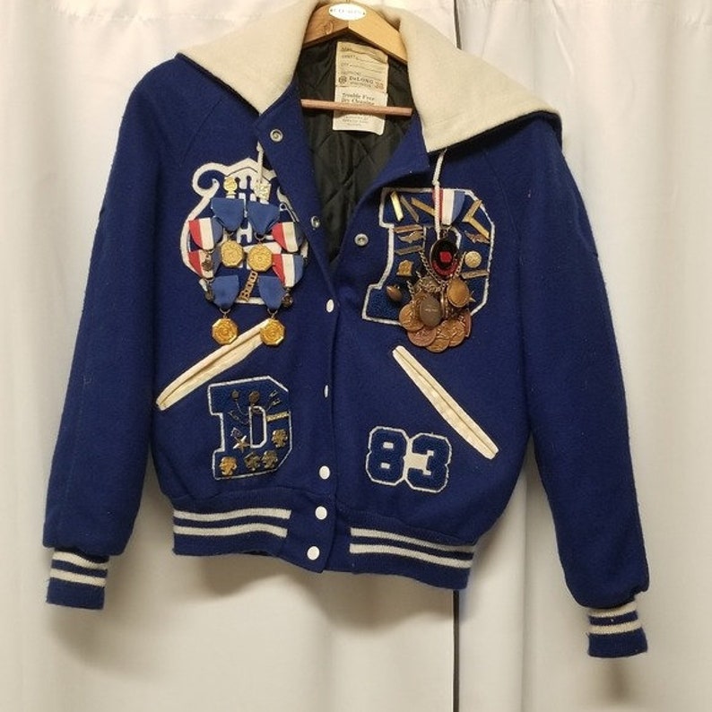 Vintage 80s Letterman Varsity Jacket 50 Metals Wool Blue White Striped ...