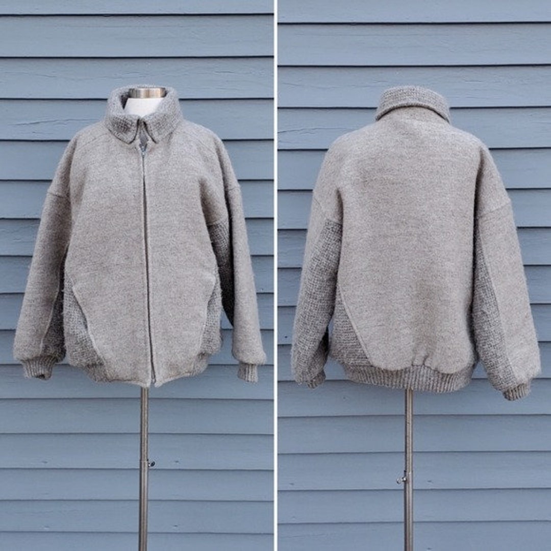 Vintage 90s Y2k Alafoss Icewool Gray Icelandic Wool Knit Bomber Jacket ...