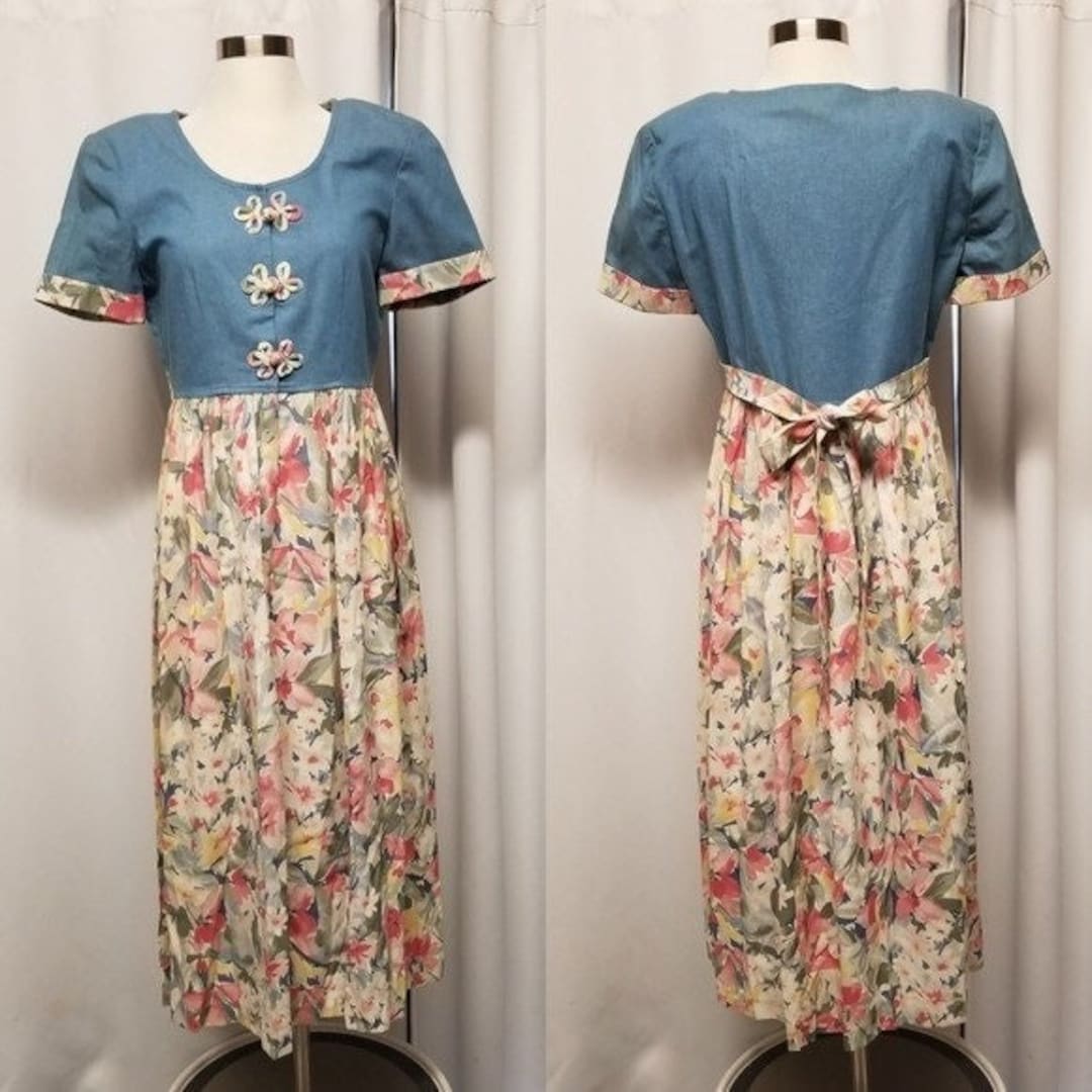 Vintage 90s Y2k Pink Floral Cottagecore Blue Denim Homeschool Mom ...