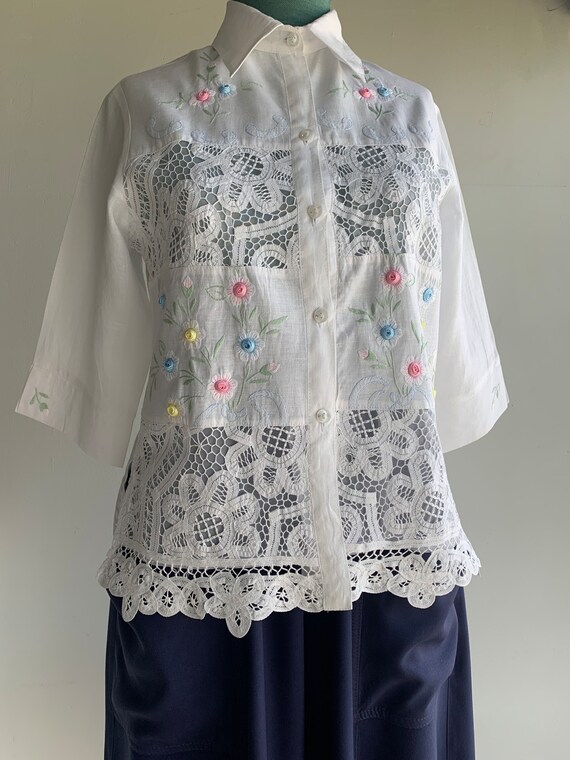 Rare Find 90s Delicate Cutwork Embroidery Linen Blous… - Gem
