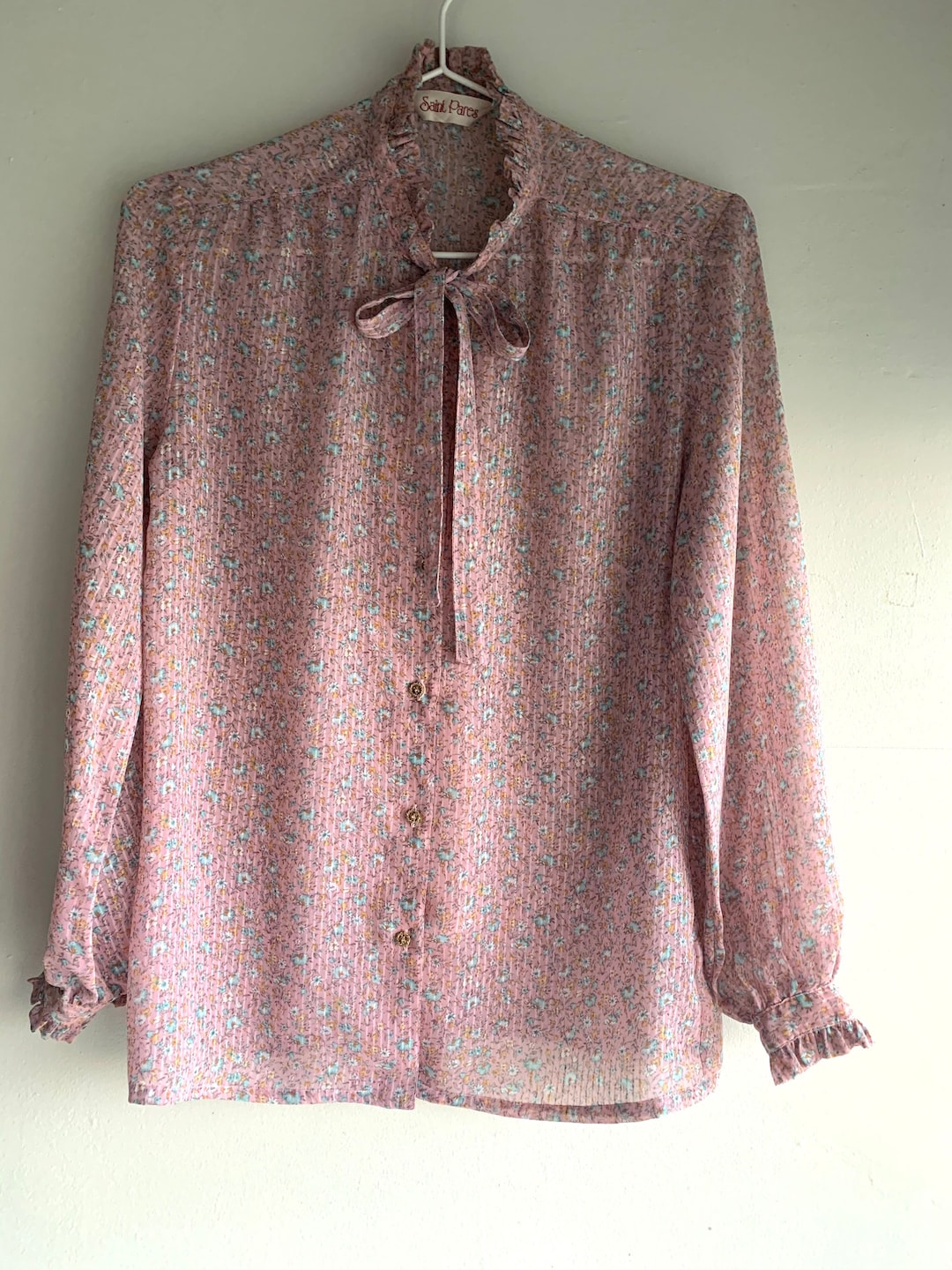 80s Bow-tie Chiffon Blouse Shirt With Floral Print/loose-fit Office ...