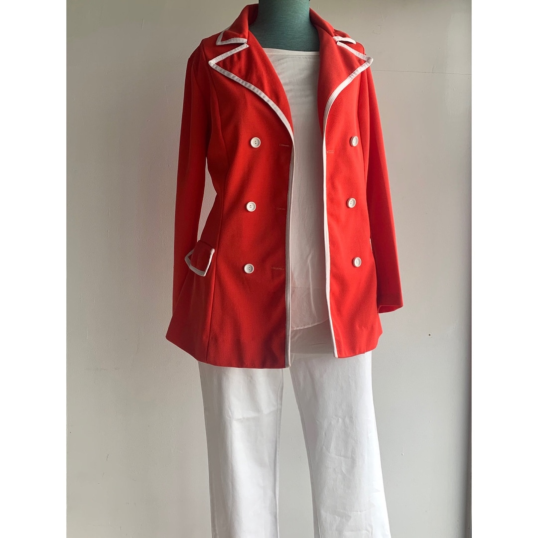 70s Red & White Contrast Piping Blazer - Vintage Double Breasted Jacket ...