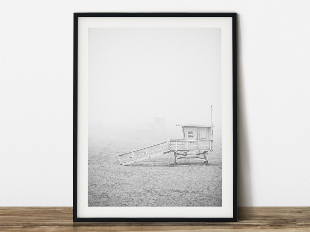 The Baywatch Tower at Beach, Black & White Coastal Photography ...