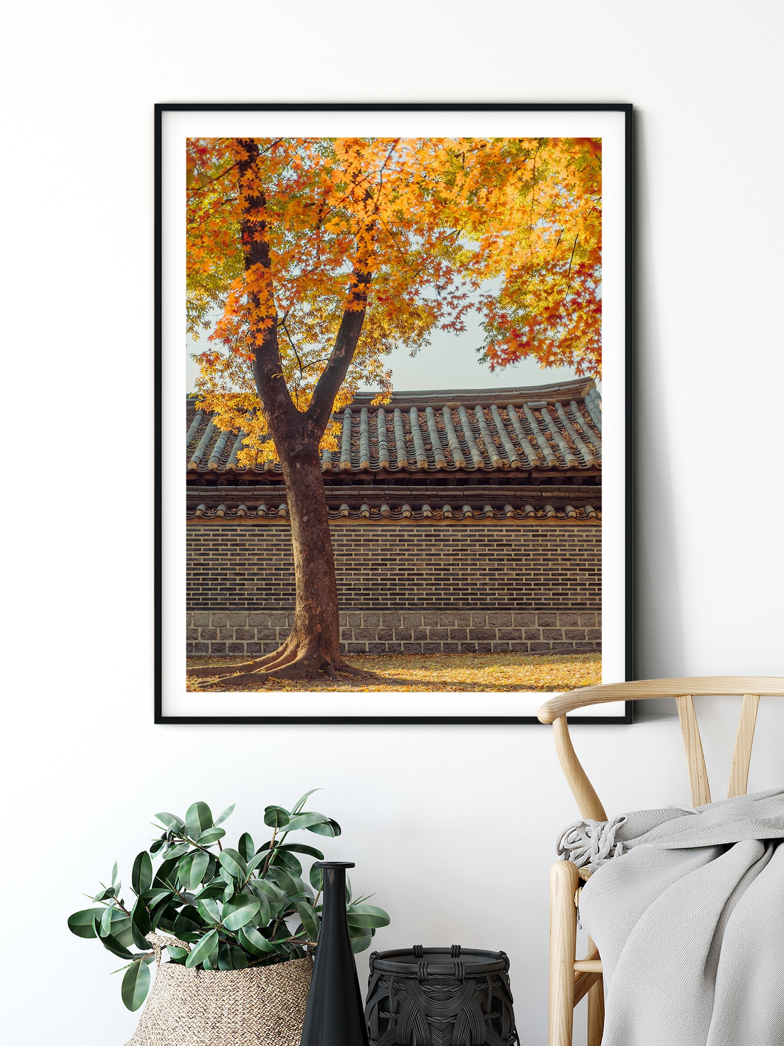 Korea Print A Maple Tree in Front of Traditional Korean Fence - Etsy