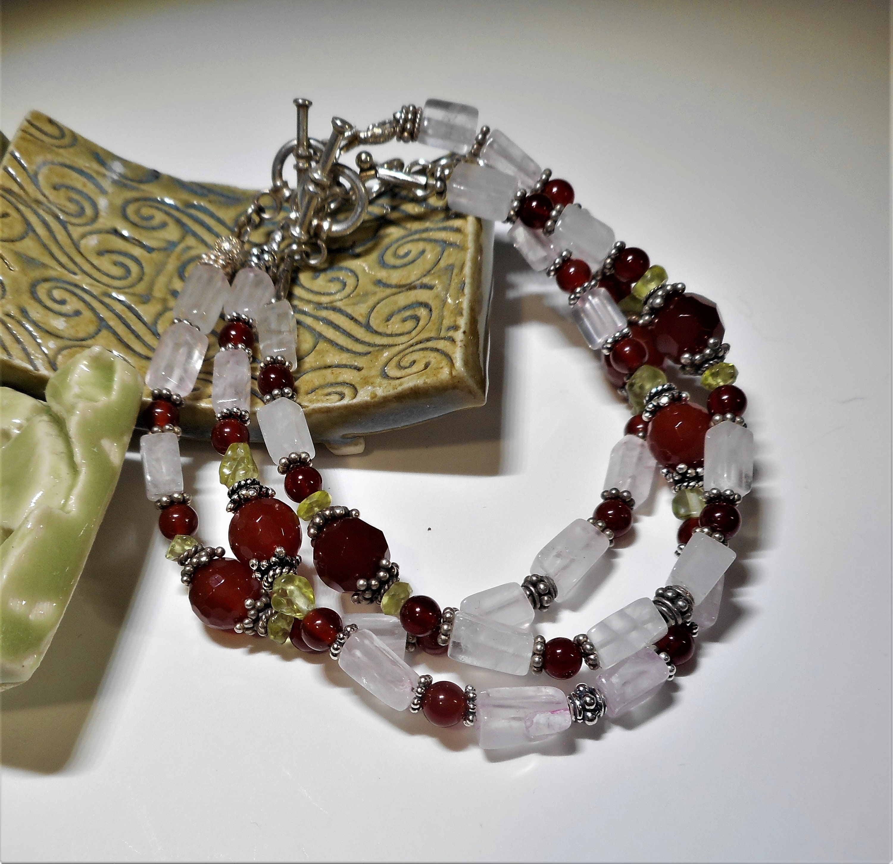 Carnelian Rose Quartz and Silver Bracelet. - Etsy