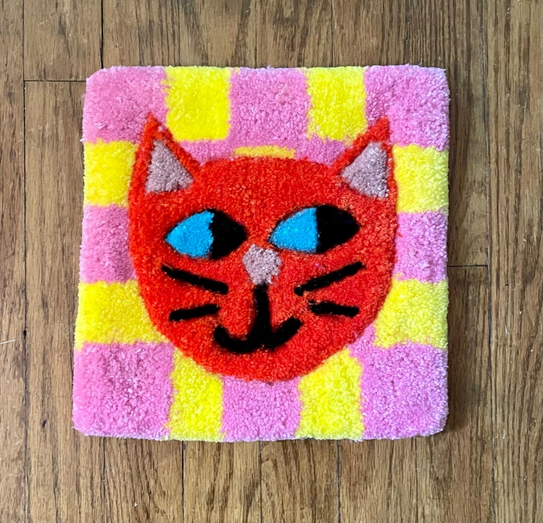 Cat Rug, Checkered Rug, Tufted Wall Hanging, Handmade Cat Rug, Cat Wall ...