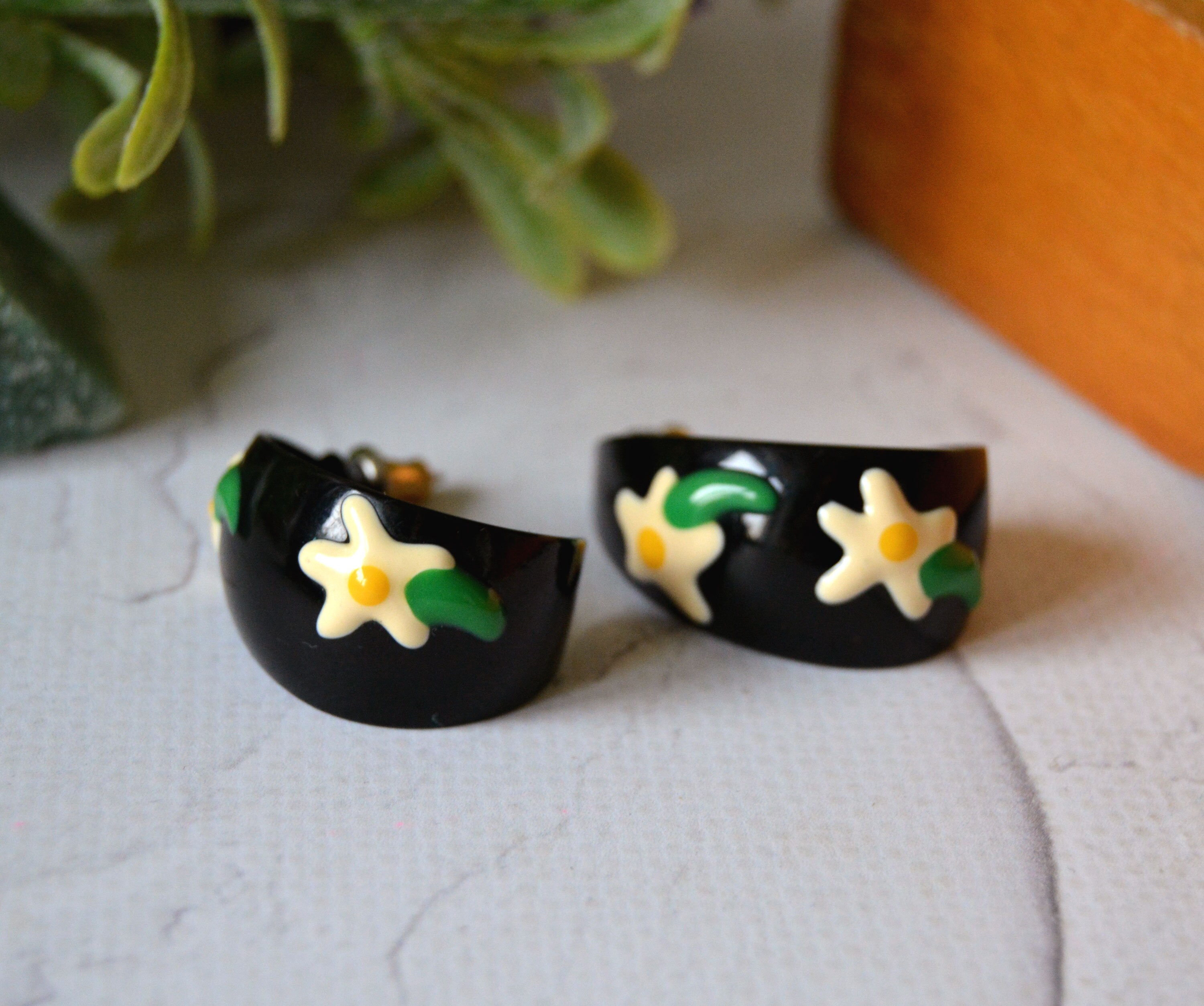 Vintage Large Black Hoop Earrings Wide Floral Hoops With - Etsy