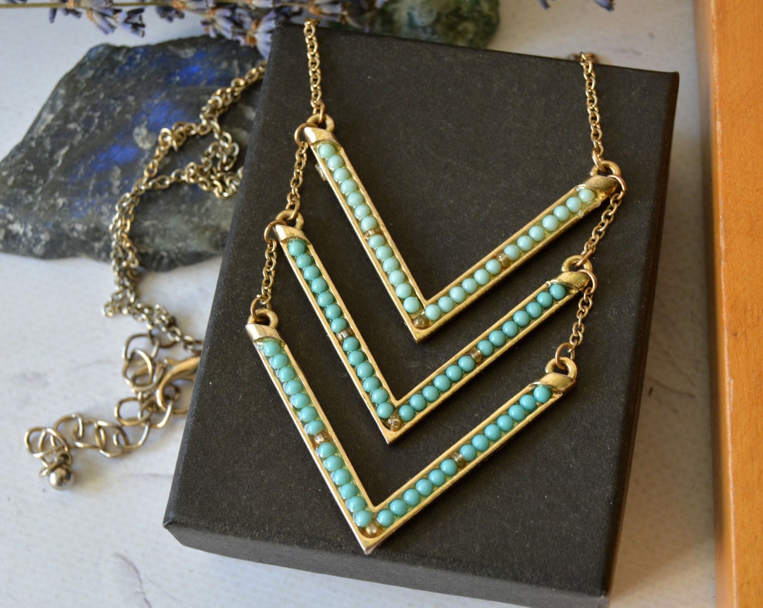 Vintage Geometric Pendant, Linked Triangles Pendant With Faux Turquoise ...