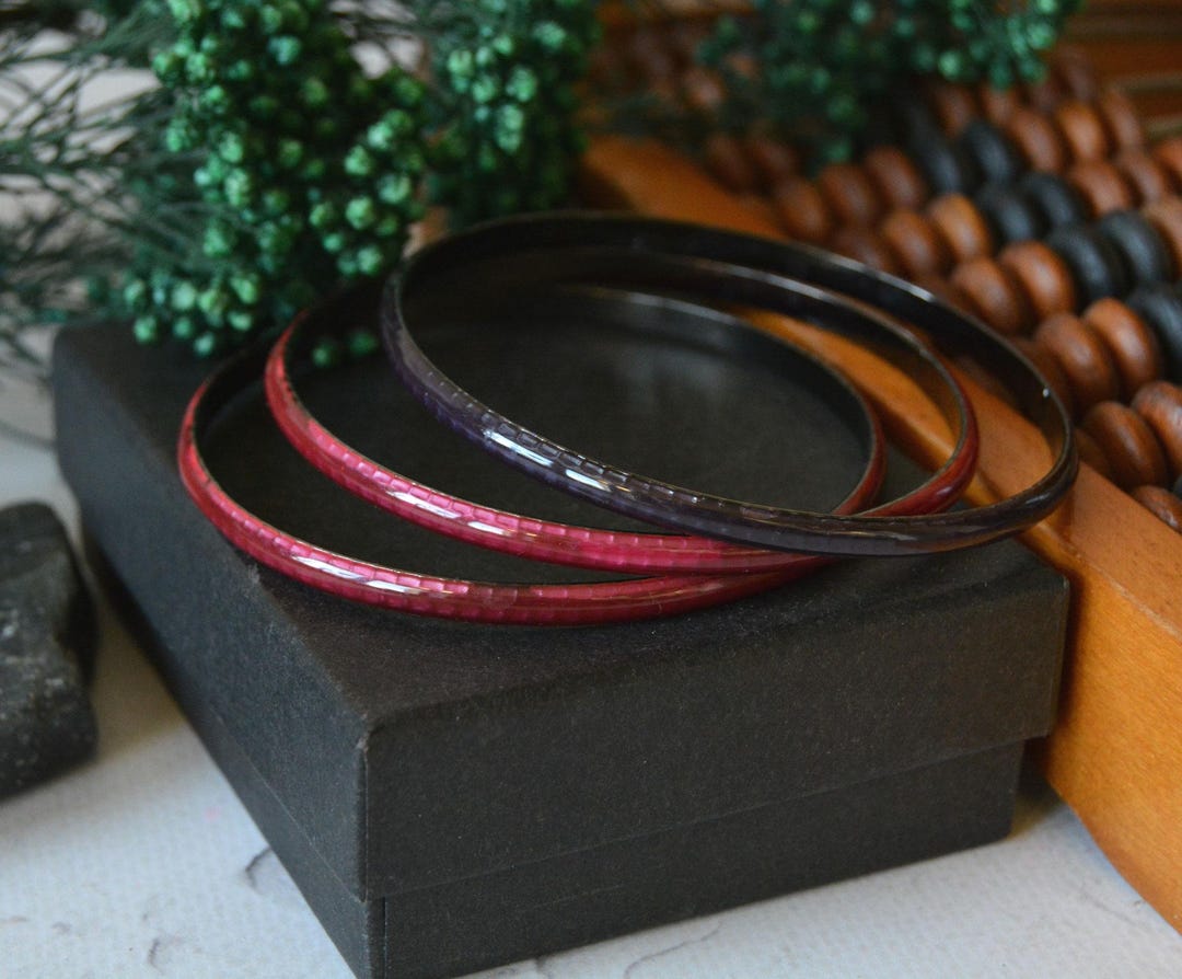 Vintage Burgundy & Black Bangle Set: Minimalist Stacking Bracelets - Etsy
