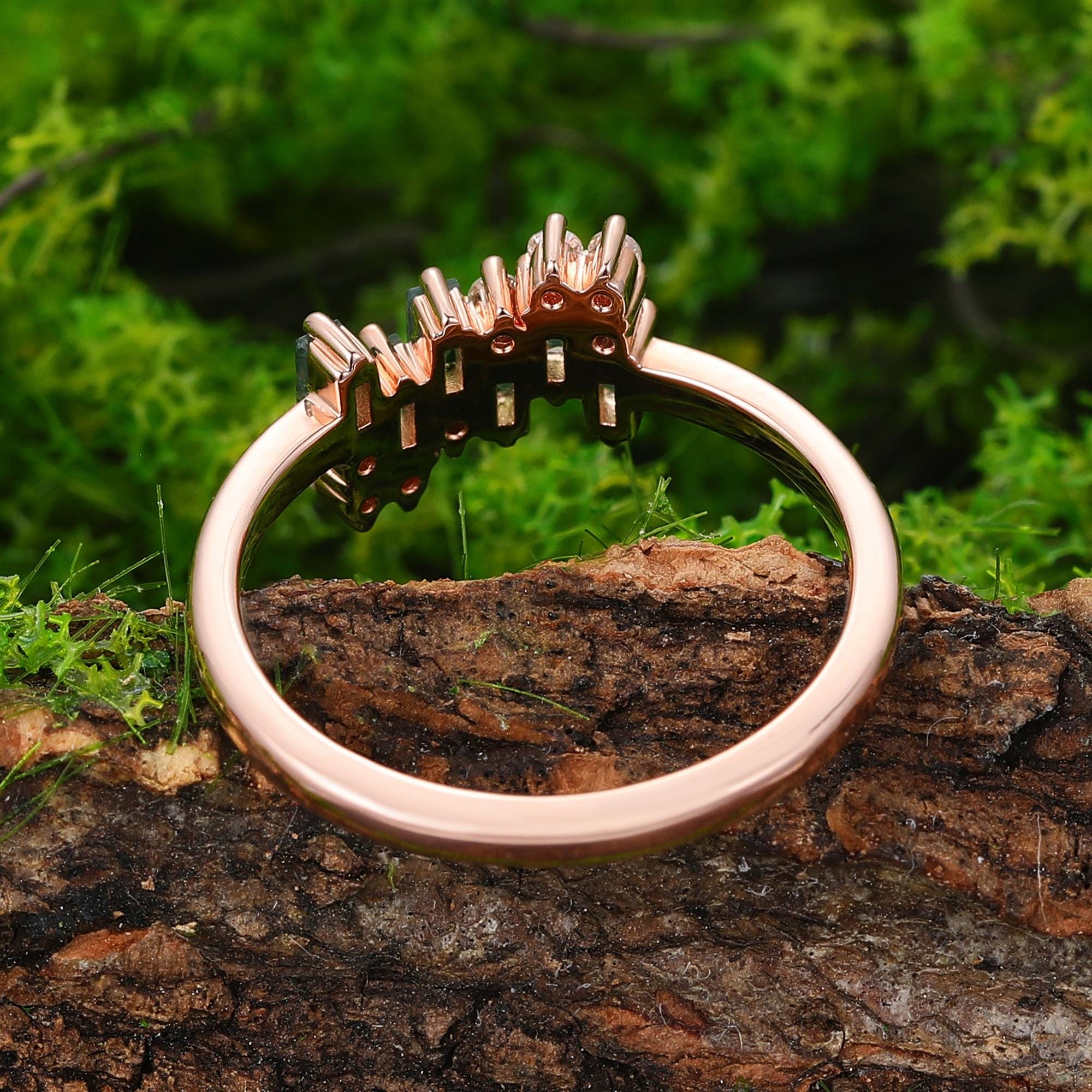 Baguette Moss Agate Engagement Ring: Vintage Rose Gold Moissanite ...