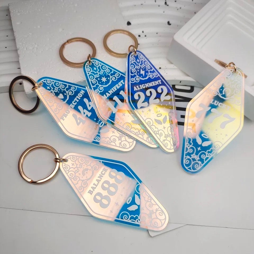 Angel Number Iridescent Keychain Holographic Hotel Acrylic Key Chains ...