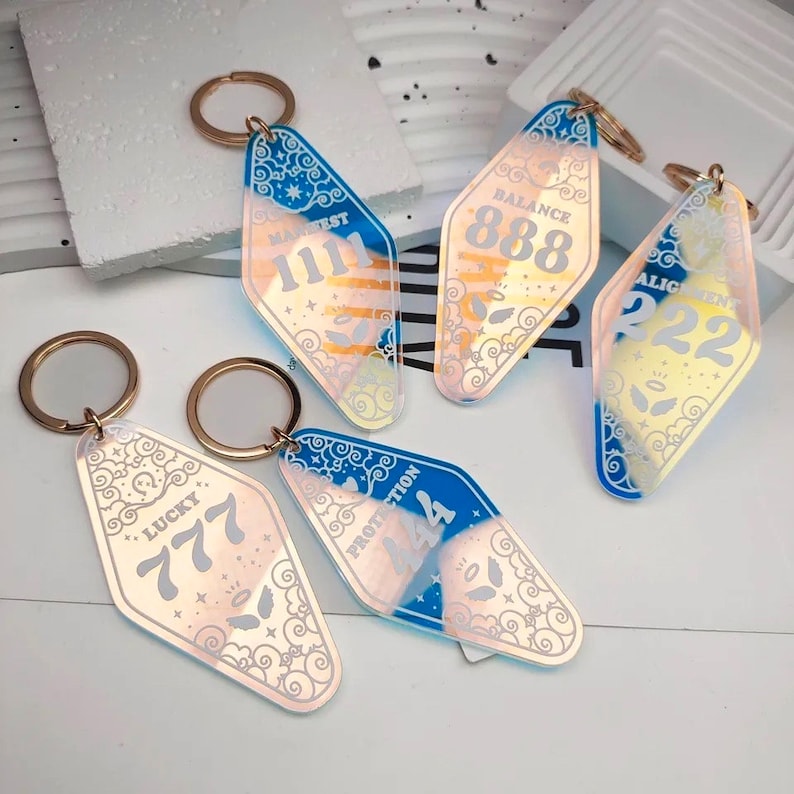 Angel Number Iridescent Keychain Holographic Hotel Acrylic Key Chains ...
