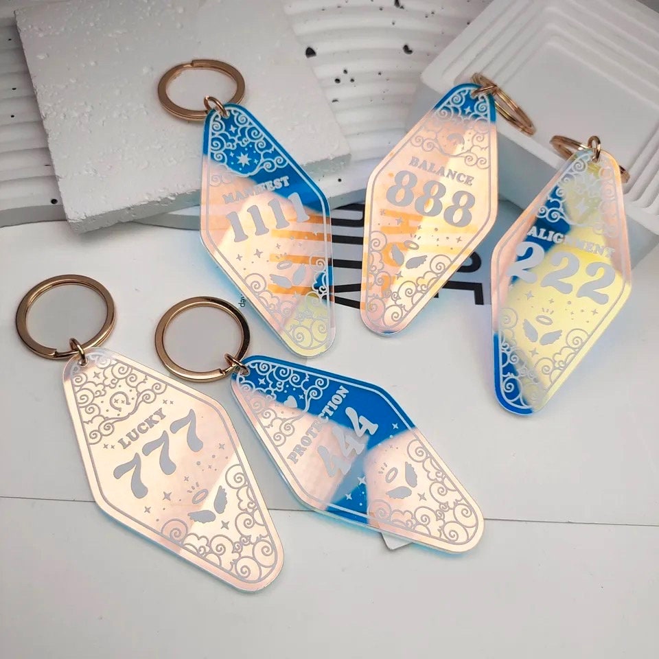 Angel Number Iridescent Keychain Holographic Hotel Acrylic Key Chains ...