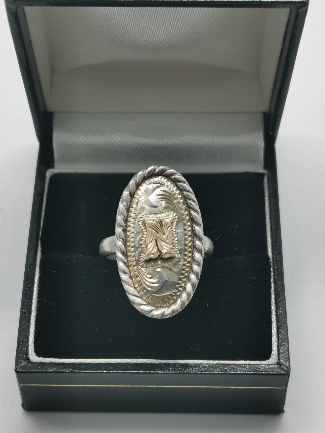 Vintage Sterling Silver Vogt Ring: 10k Gold Initial N, Floral Detail ...