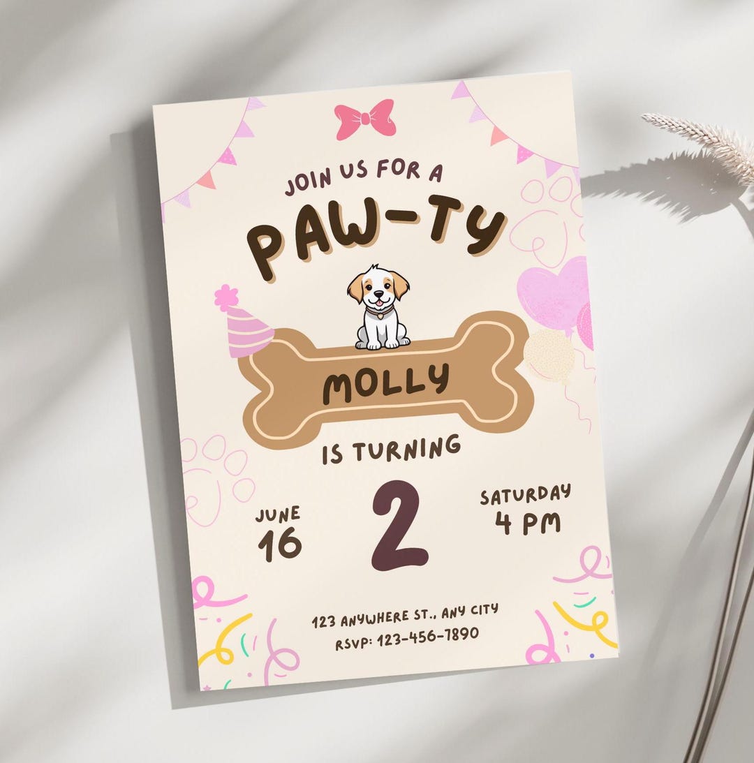 Dog Birthday Invite, Girl Dog Birthday Invite, Puppy Party Invite, Dog ...
