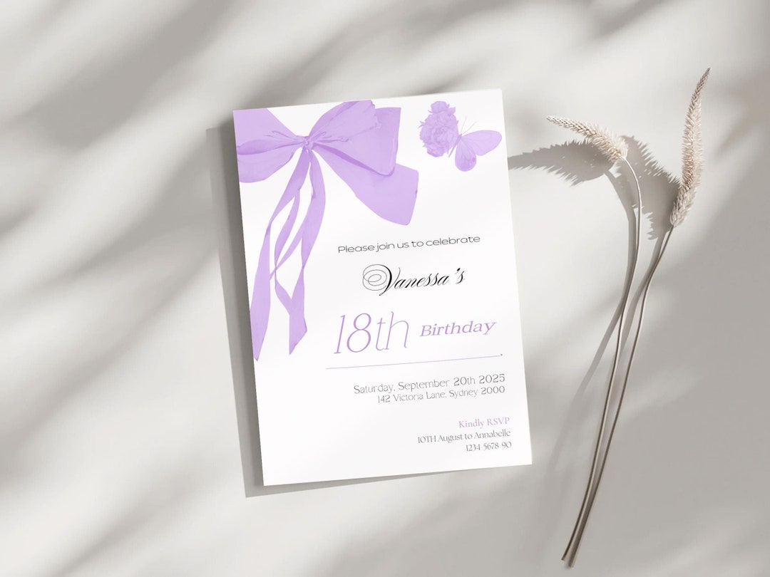 Purple Ribbon Birthday Invitation, Coquette Girl Pastel Lavender Bow ...