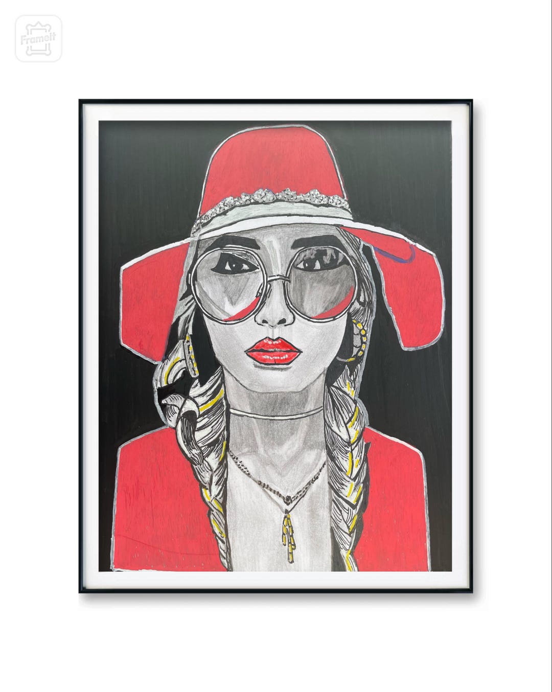 Red Women Original A4 Size Drawing Graphite and Acrylic Pens - Etsy
