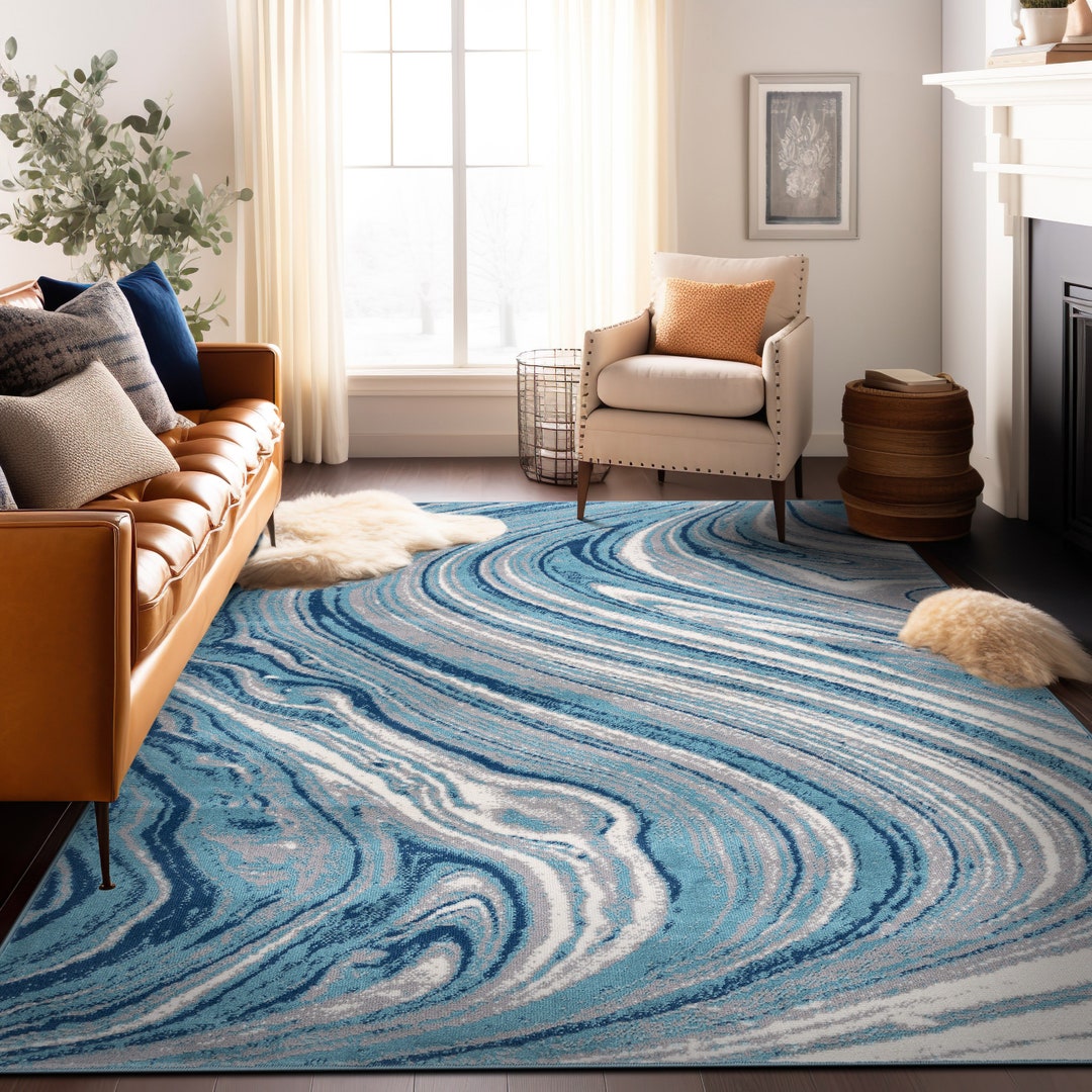 Contemporary Blue Area Rug Multi Colored Livingroom Rug Modern Abstract ...