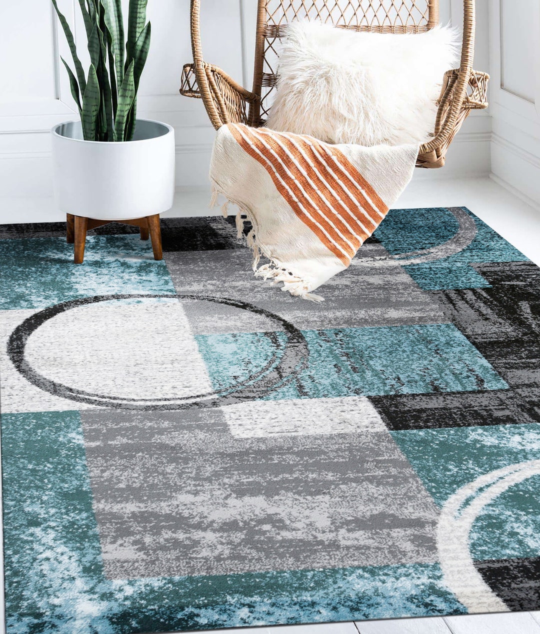 Contemporary Abstract Circle Blue Gray Rug Area Rugs for Bedroom ...