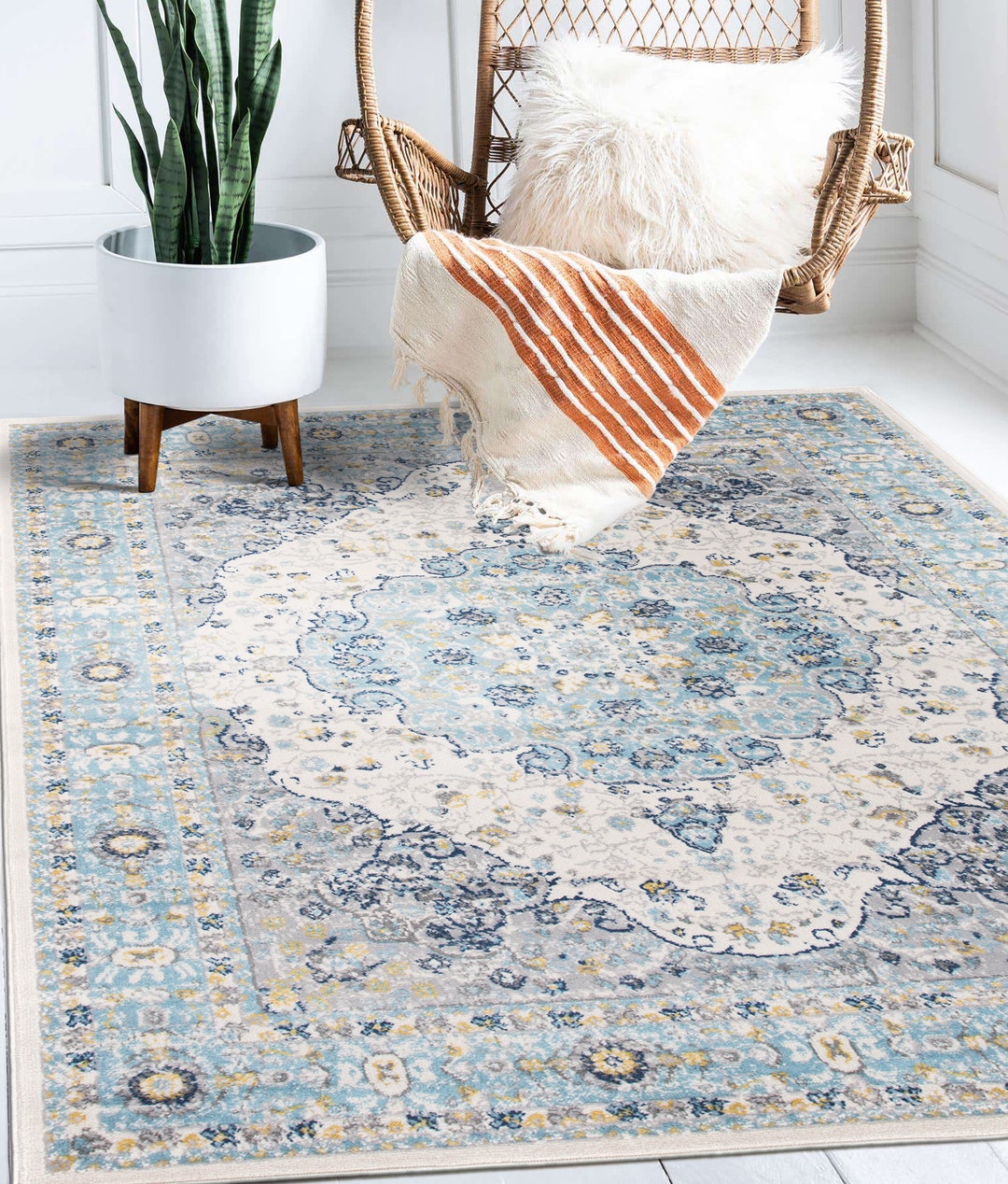 Vintage Distressed Medallion Blue Area Rug Bohemian Oriental Rug High ...