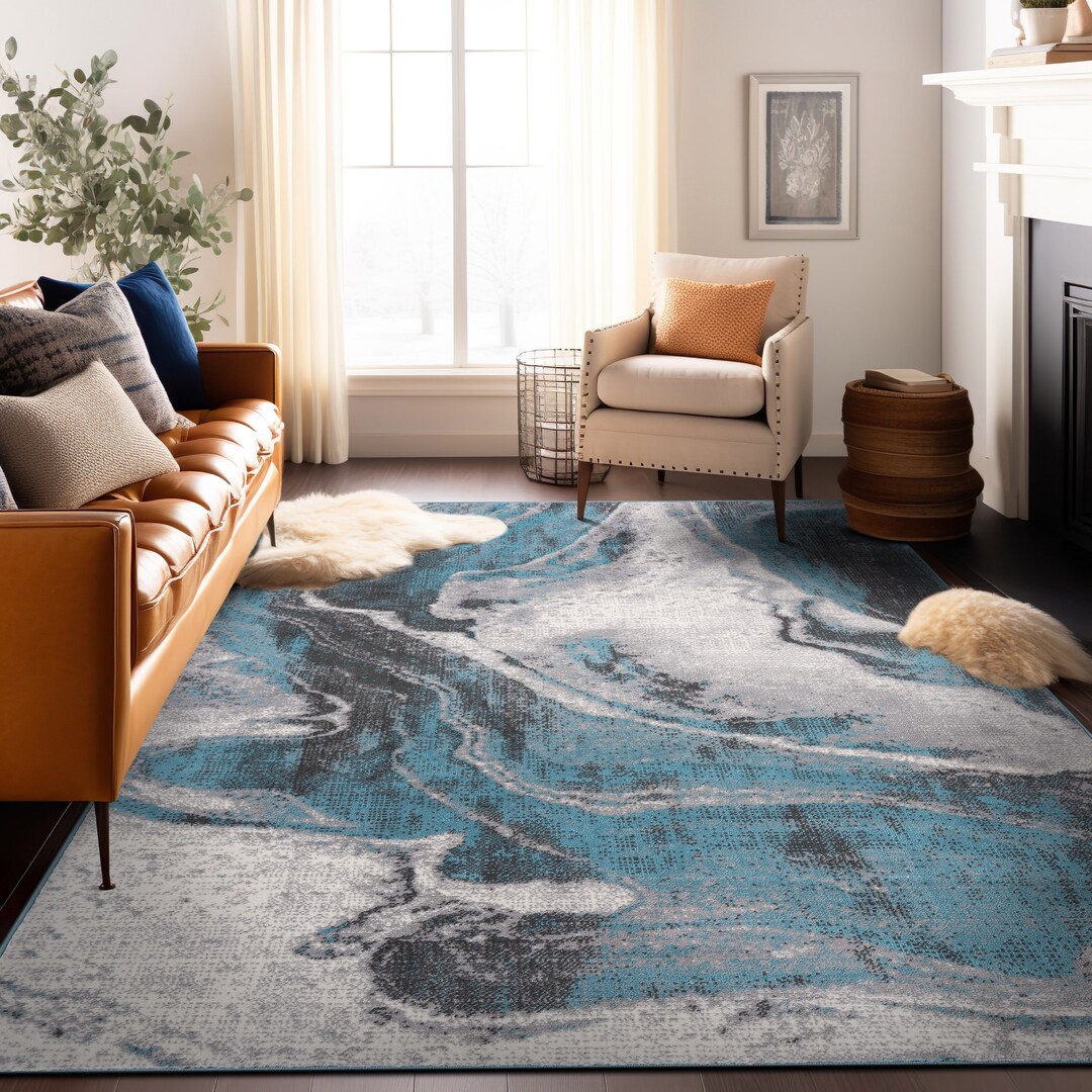 Contemporary Blue Area Rug Multi Colored Livingroom Rug Modern Abstract ...