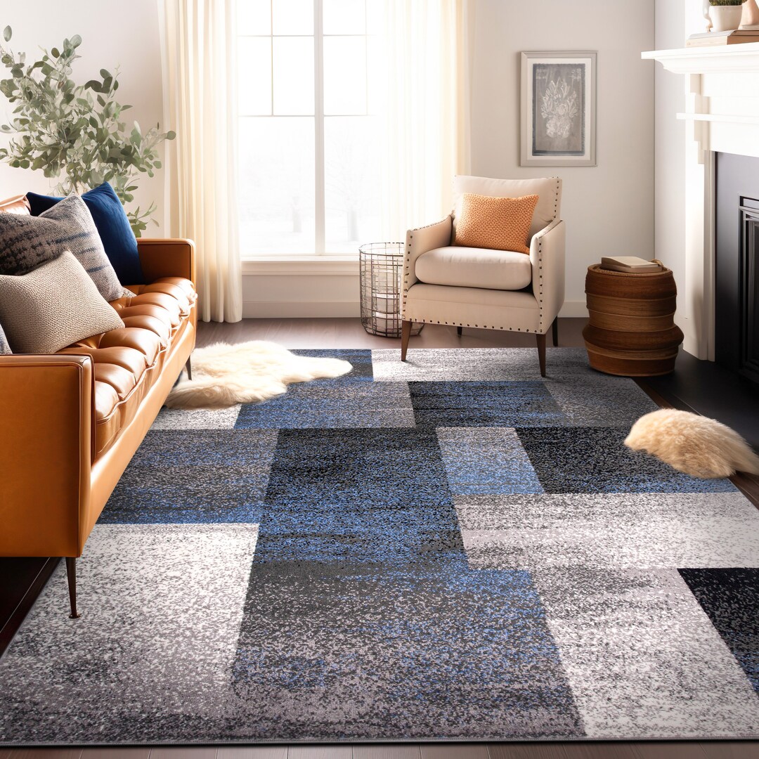 Modern Distressed Boxes Blue Area Rug geometric Pattern Boho Chic ...