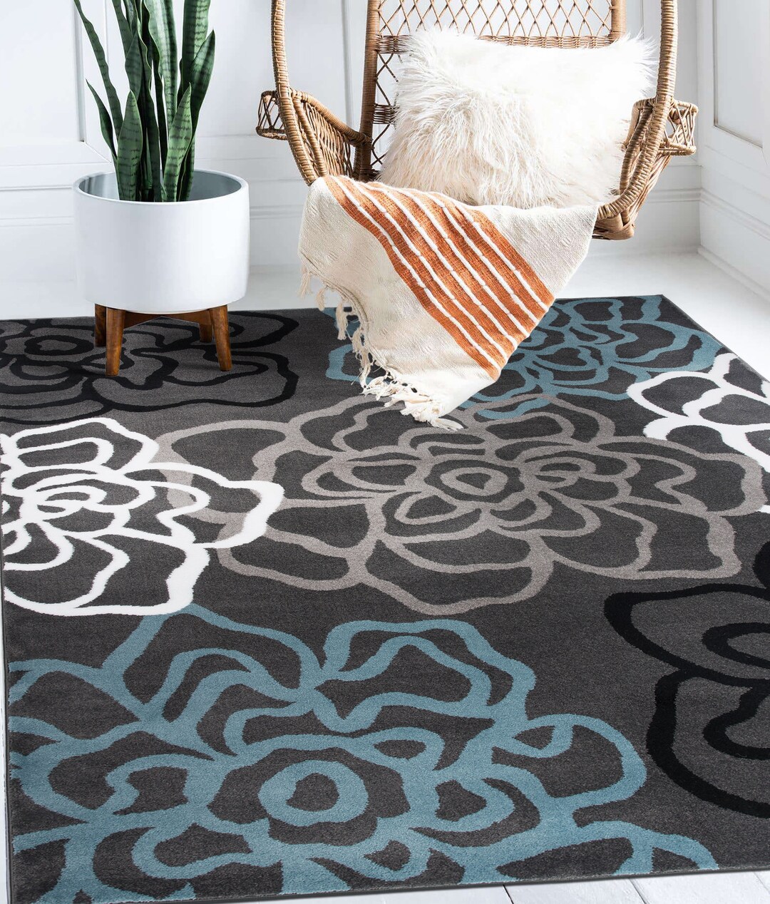 Contemporary Modern Floral Flowers Area Rug Geometric Pattern Chic ...