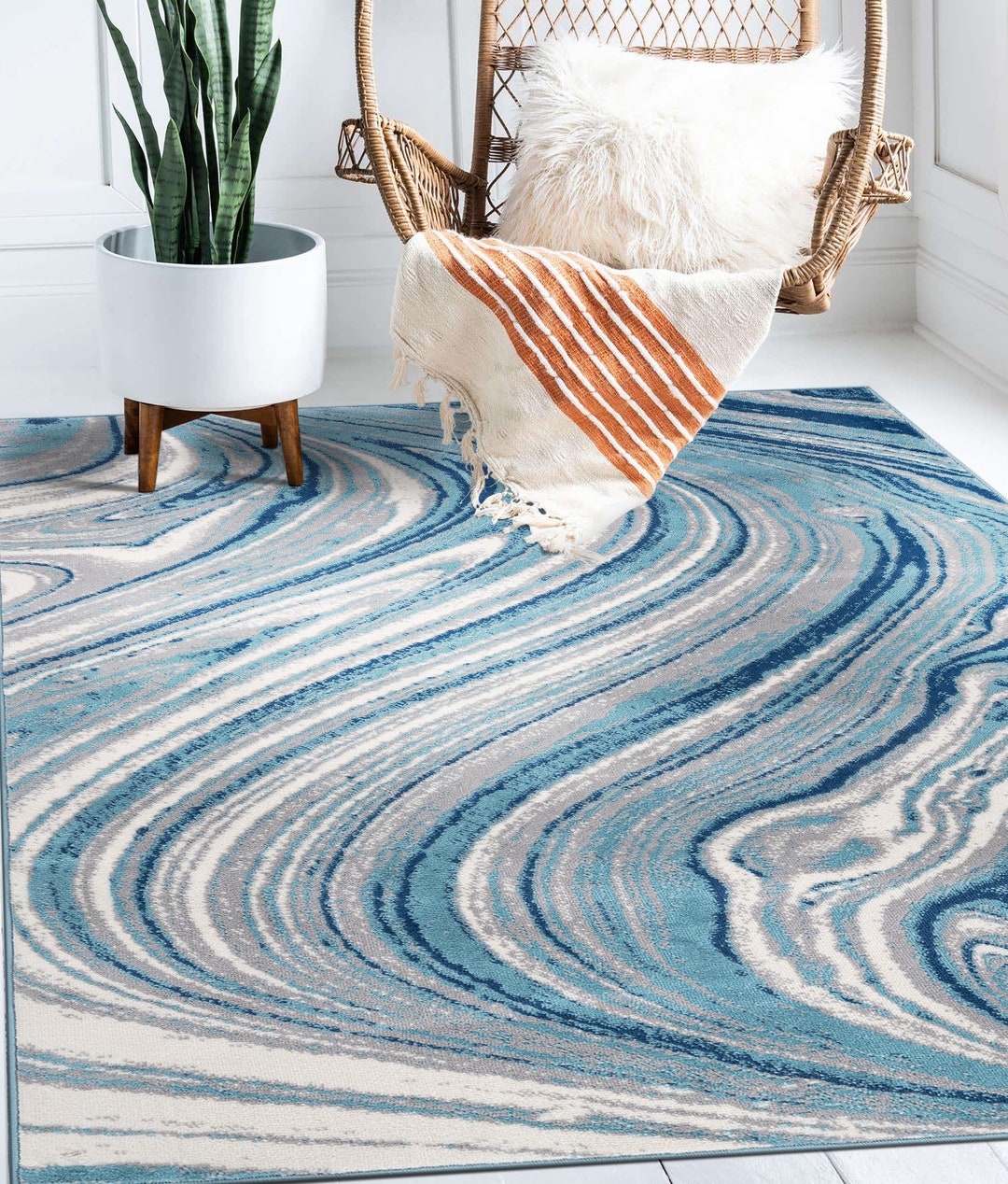 Contemporary Blue Area Rug Multi Colored Livingroom Rug Modern Abstract ...