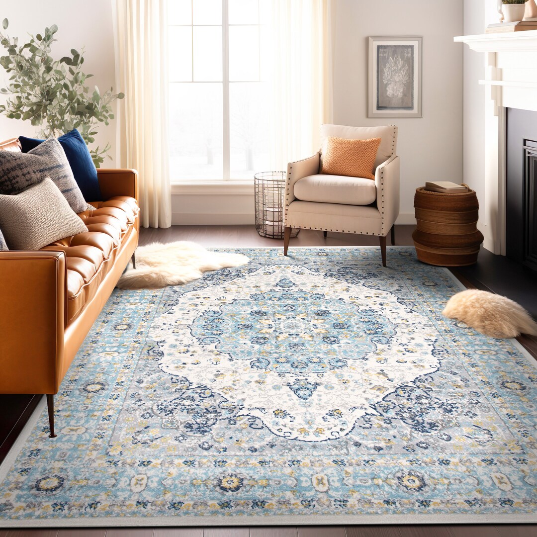 Vintage Distressed Medallion Blue Area Rug Bohemian Oriental Rug High ...