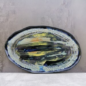 Handmade Large Ceramic Oval Plate in Cobalt, Black, White, and Yellow ...