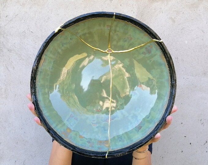 Unique Extra Large Kintsugi Bowl, 14 Green Bowl With Black Rim and ...
