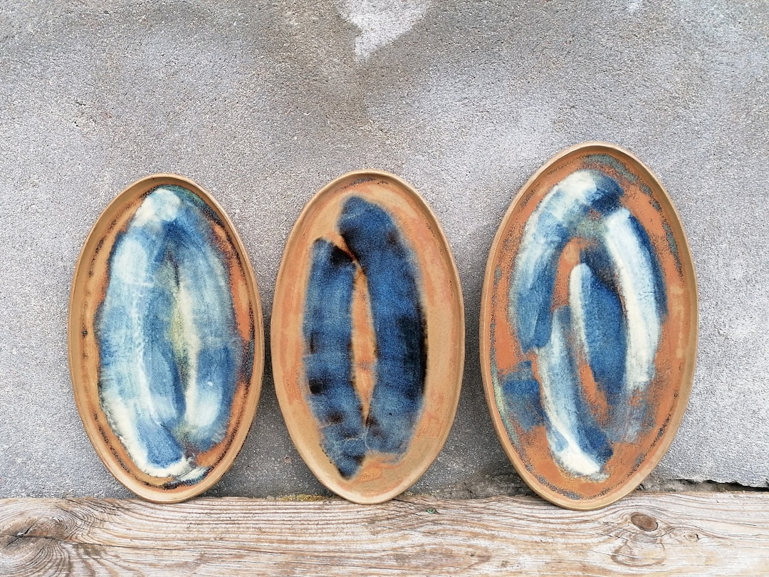 Set of 3 Ceramic Oval Plates, Platters in Shades of Brown, Blue and ...