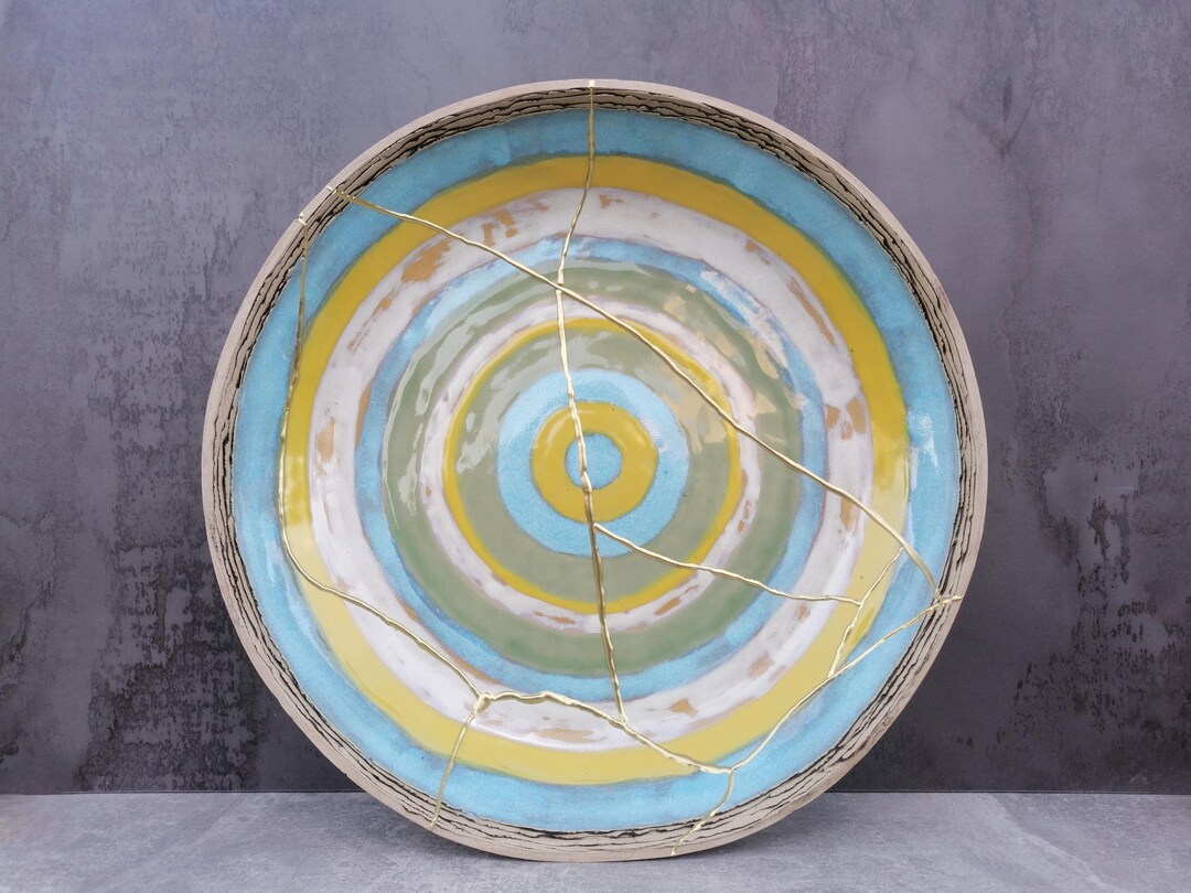 Extra Large Kintsugi Bowl, Colorful Bowl, Blue Yellow White and Green ...
