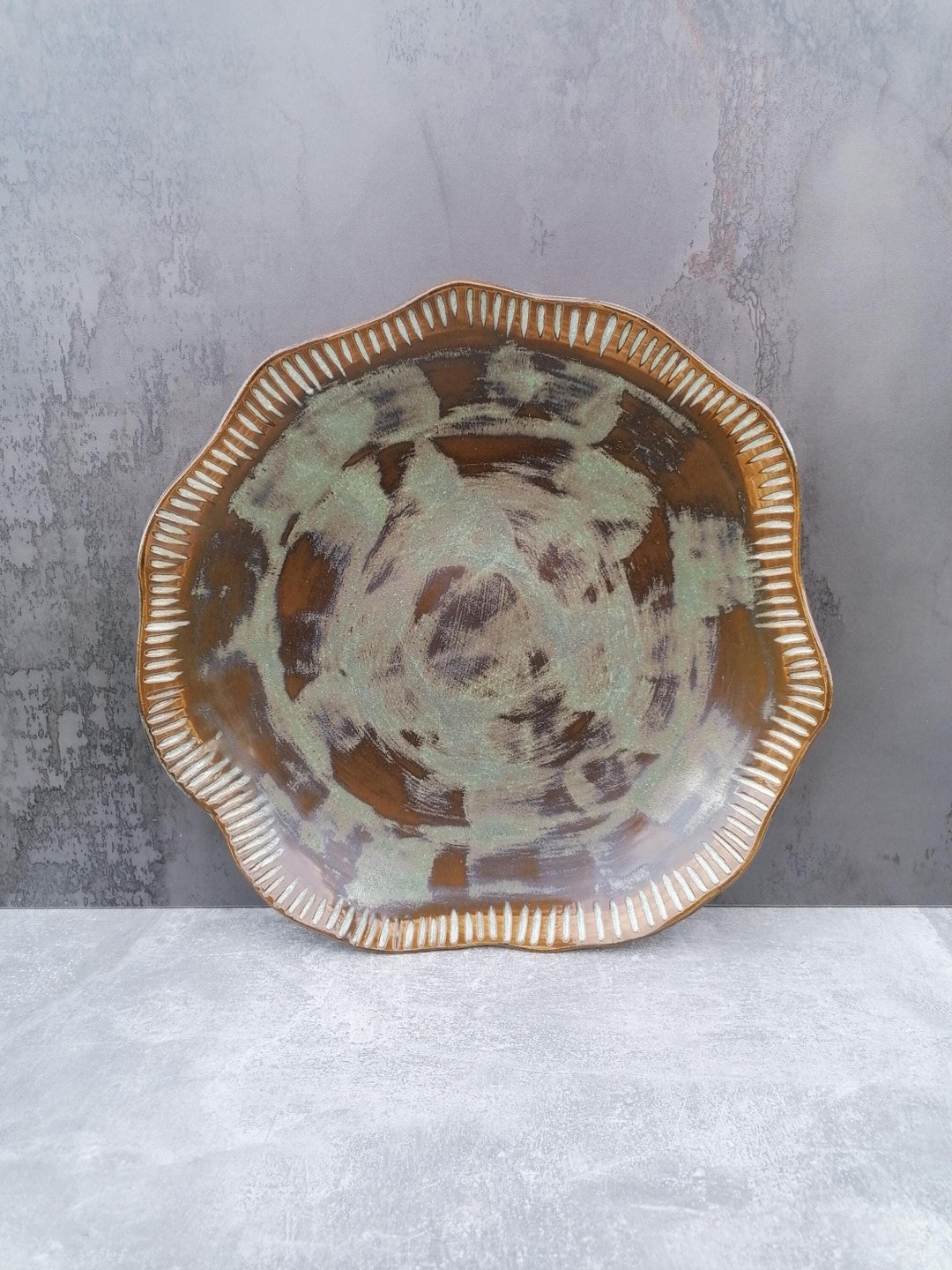 Boho Style Large Plate With Unique Brown and Green Design, Irregular ...
