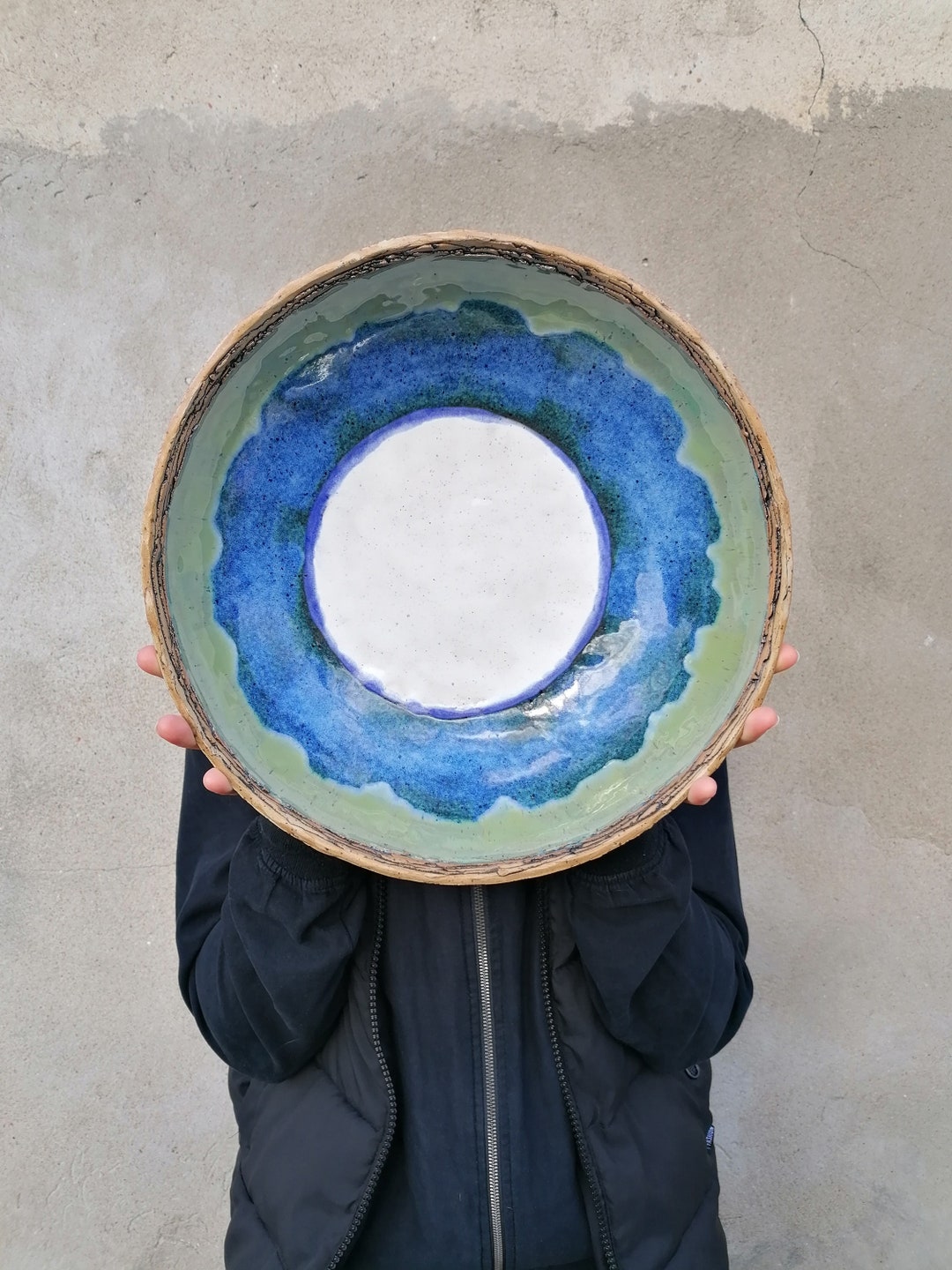 Extra Large Ceramic Bowl, Green, Blue and White Ceramic Bowl ...