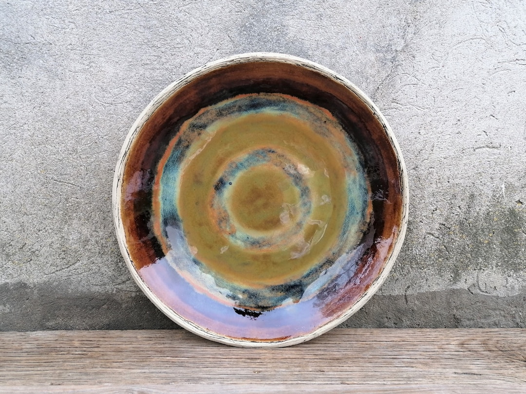 Extra Large Ceramic Bowl, Brown, Green and Blue Fruit Bowl, Shallow ...