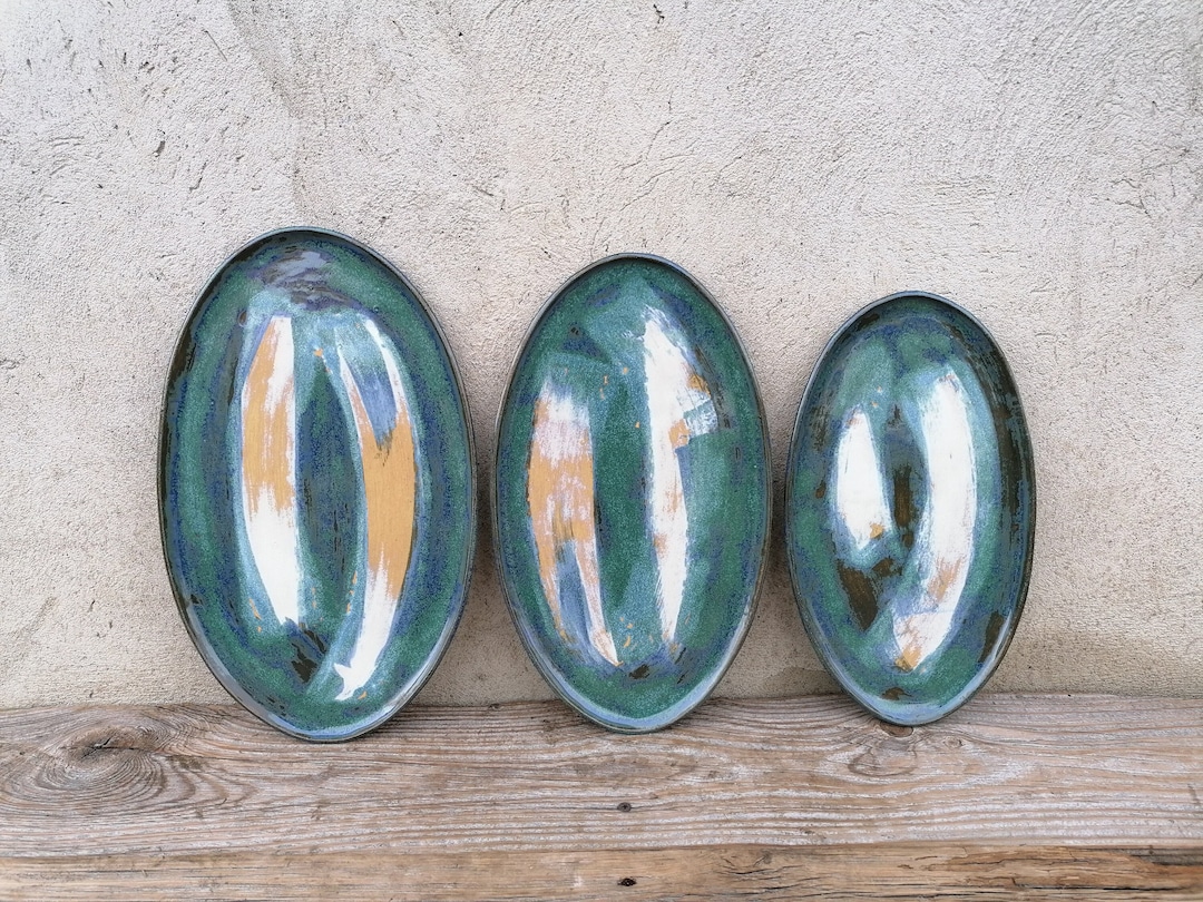 Set of 3 Ceramic Oval Plates, Platters in Shades of Green, Blue and ...