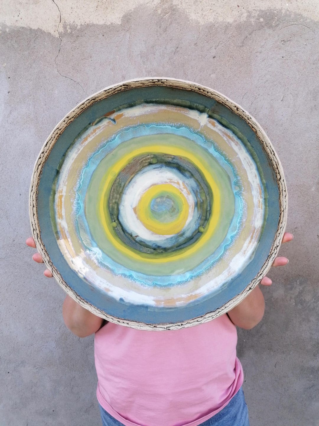 Extra Large Ceramic Bowl, Blue White Green and Yellow Bowl, XL Ceramic ...
