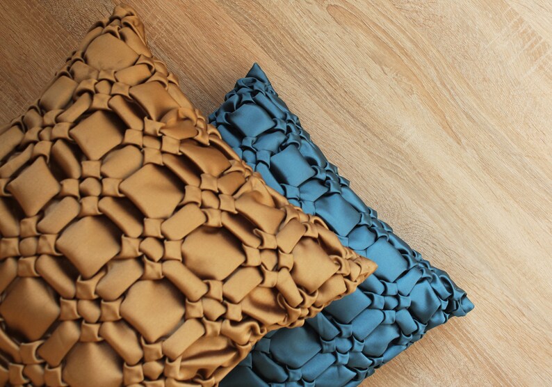 Teal Blue Satin Smocking Throw Pillow Luxury Contemporary | Etsy