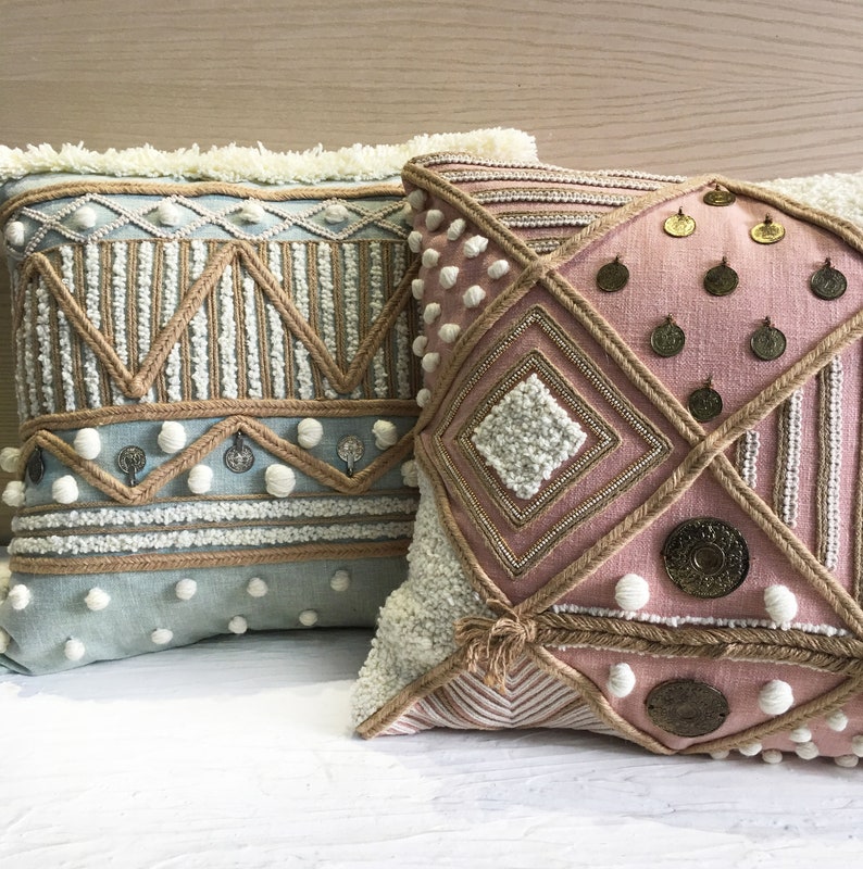 Blue Cotton Poly Coins Jute Wool Throw Pillow Luxury - Etsy