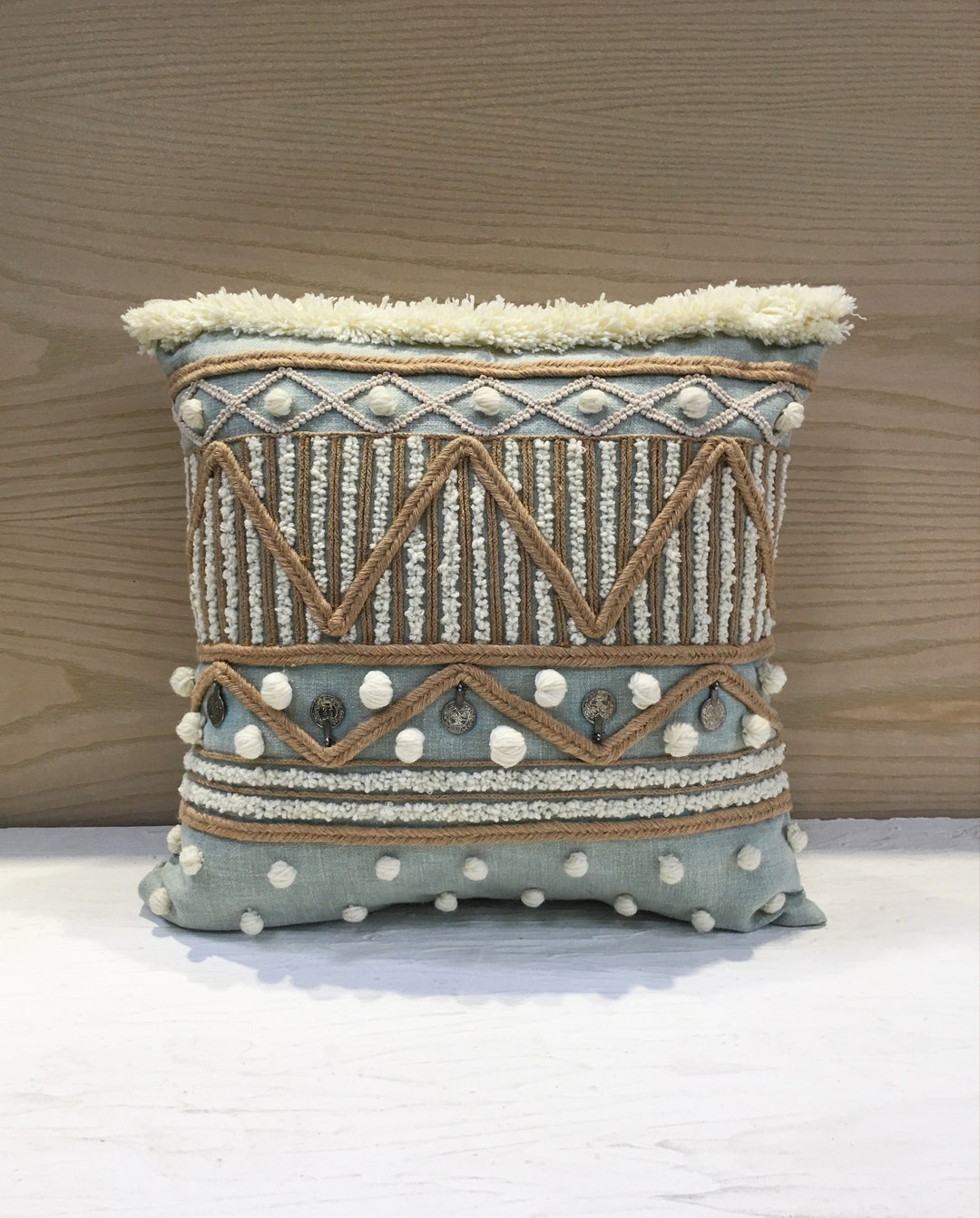 Blue Cotton Poly Coins Jute Wool Throw Pillow Luxury Contemporary ...