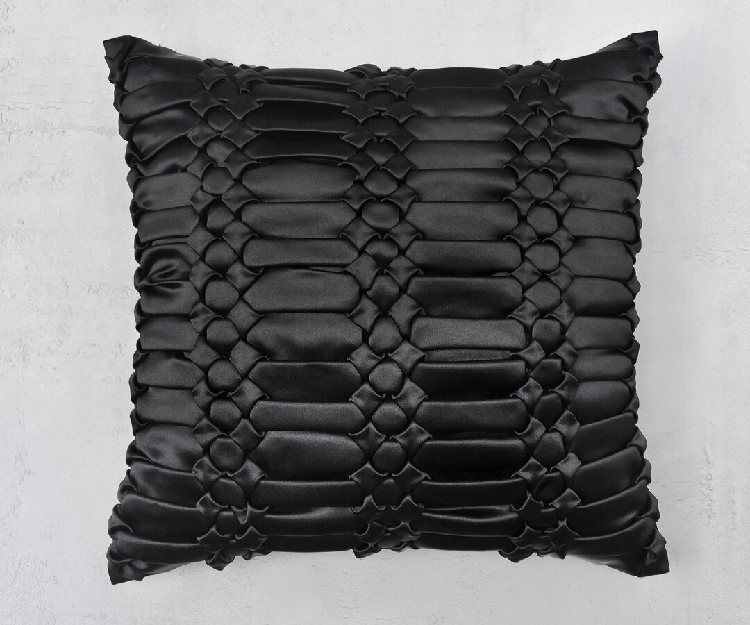 Black Satin Smocking Throw Pillow Cover Luxury Contemporary Modern Toss ...